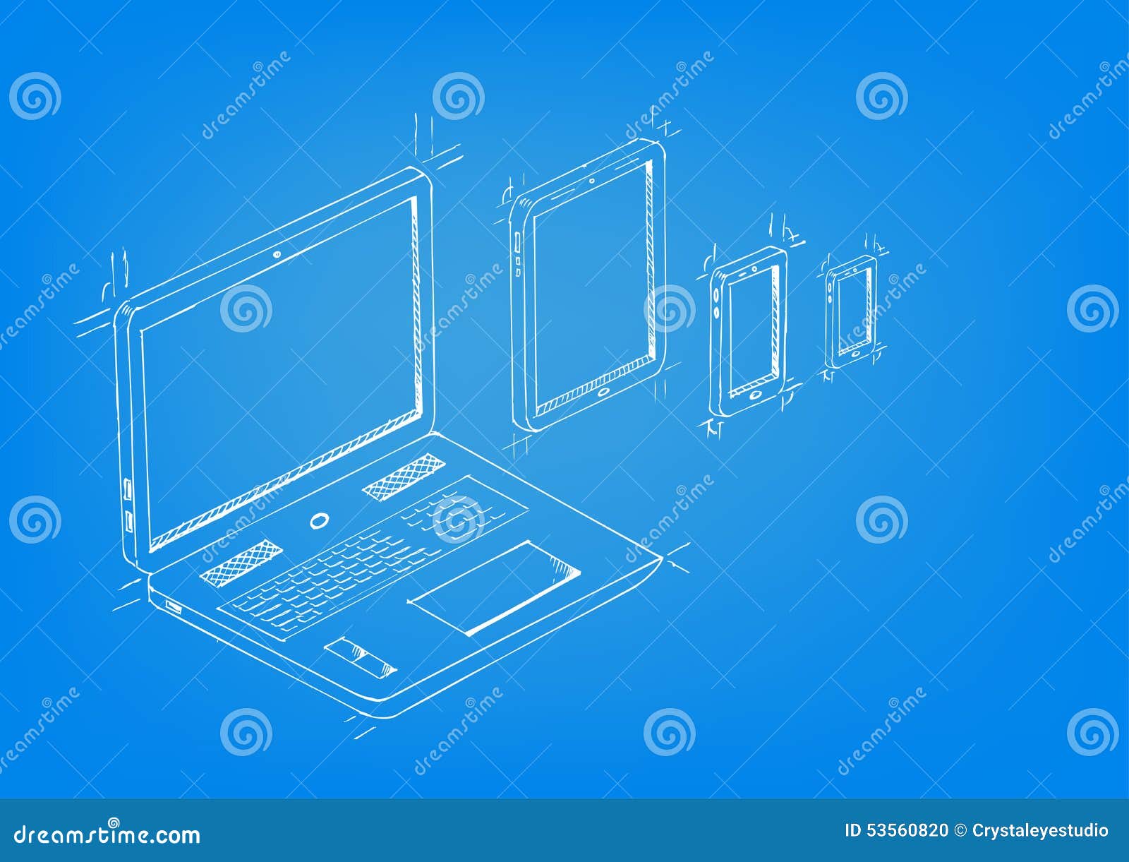 Blueprint Drawing Style Concept Artwork of Laptop, Tablet, Mobile ...