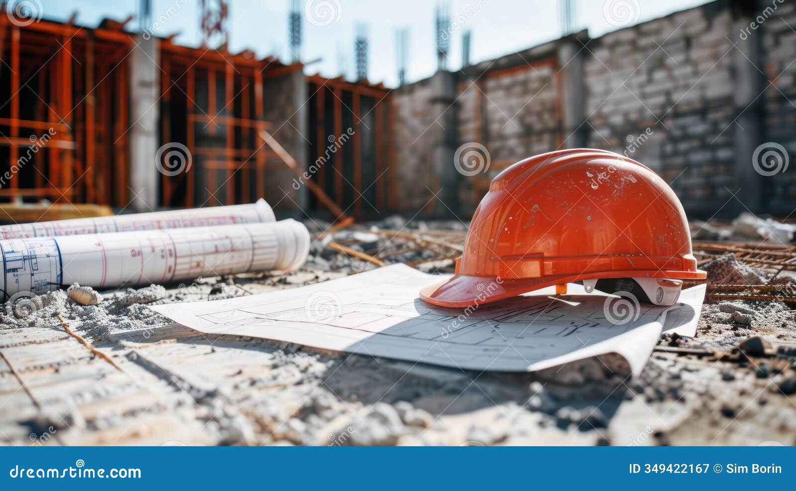 Blueprint and Hard Hat at House Construction Stock Illustration ...
