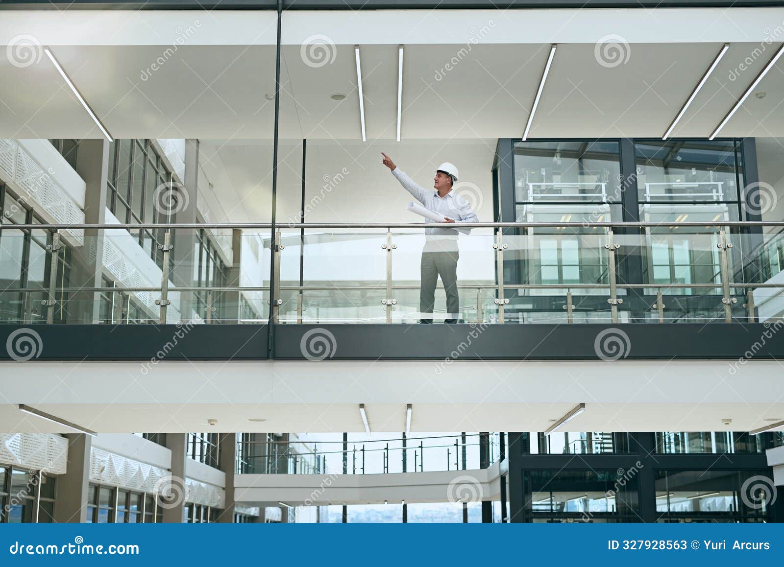 Blueprint, Man and Architect Pointing in Office for Renovation or ...