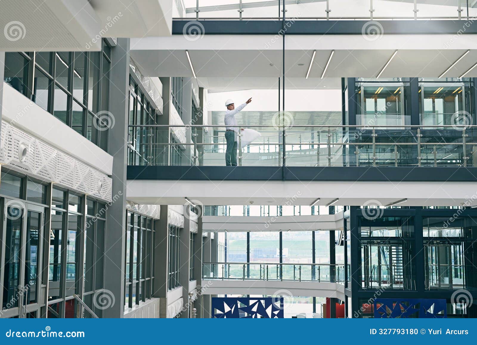 Blueprint, Man and Architect Pointing for Planning Office Renovation or ...