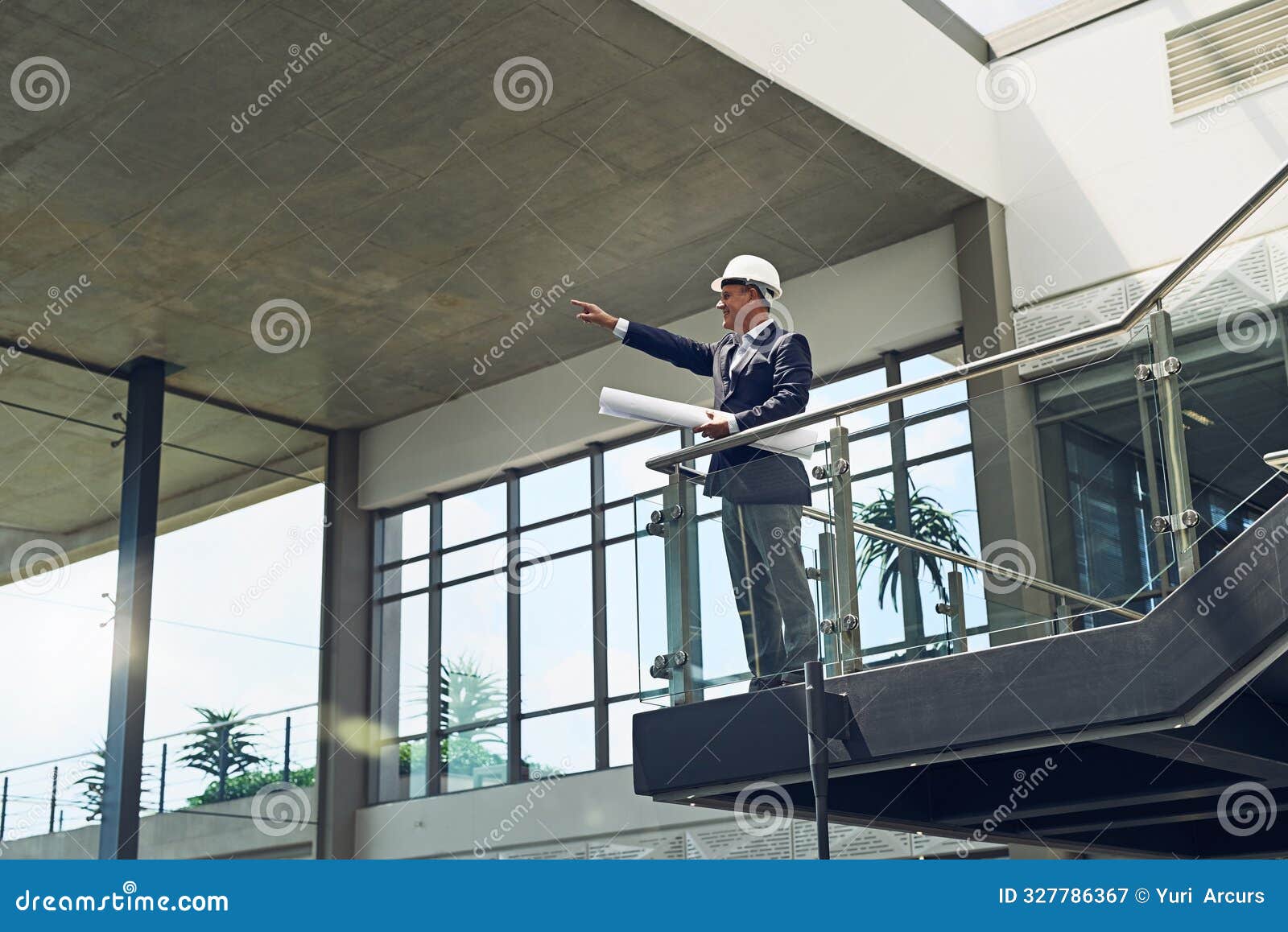 Blueprint, Man and Engineer Pointing at Construction Site for Office ...