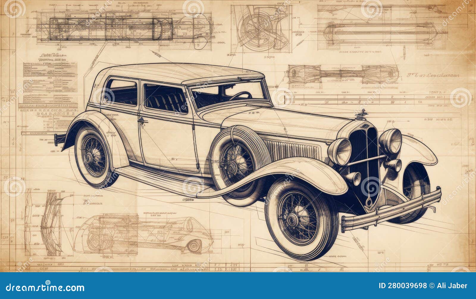 A Blueprint of an Old Vintage Car , Ai, Ai Generative, Illustration ...