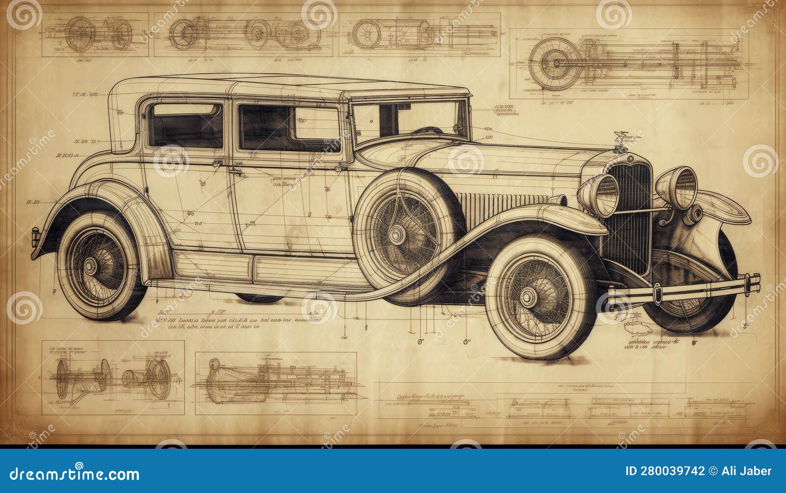 A Blueprint of an Old Vintage Car , Ai, Ai Generative, Illustration ...