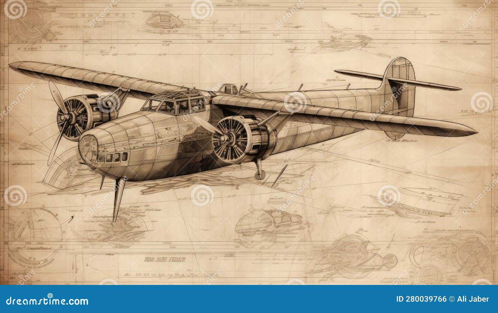 A Blueprint of an Old Vintage Plane , Ai, Ai Generative, Illustration ...
