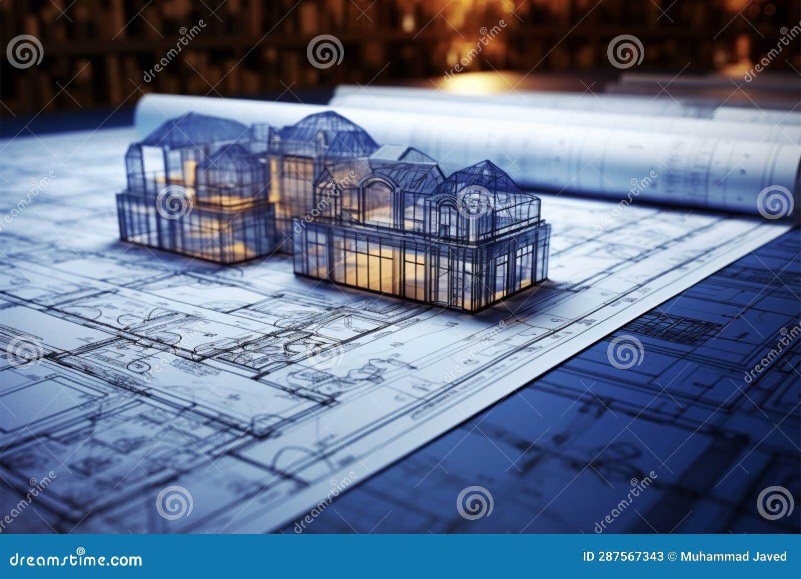 Rolled Up Architectural Blueprint On A Dark Blue Wall, Close-Up View ...