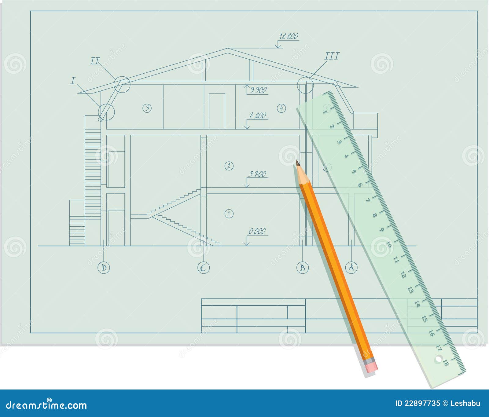 Blueprint Page with Draft, Pencil and Ruler Stock Vector - Illustration ...
