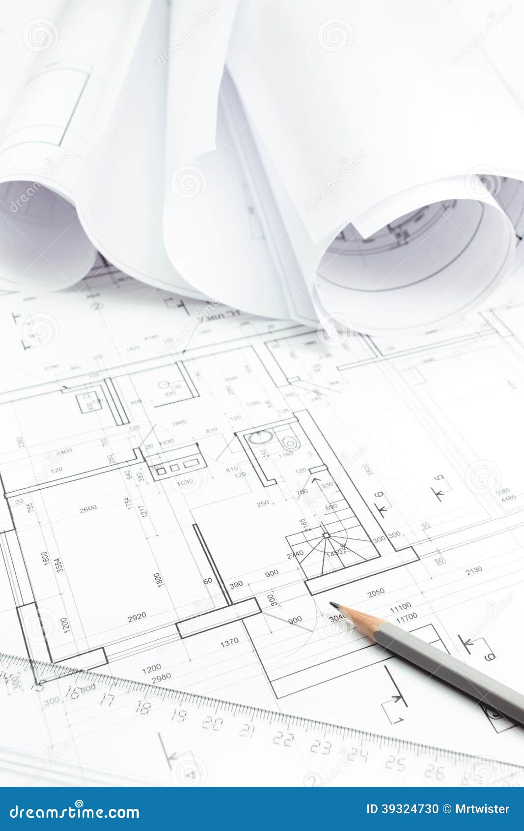 Blueprint & pencil stock photo. Image of improvement - 39324730