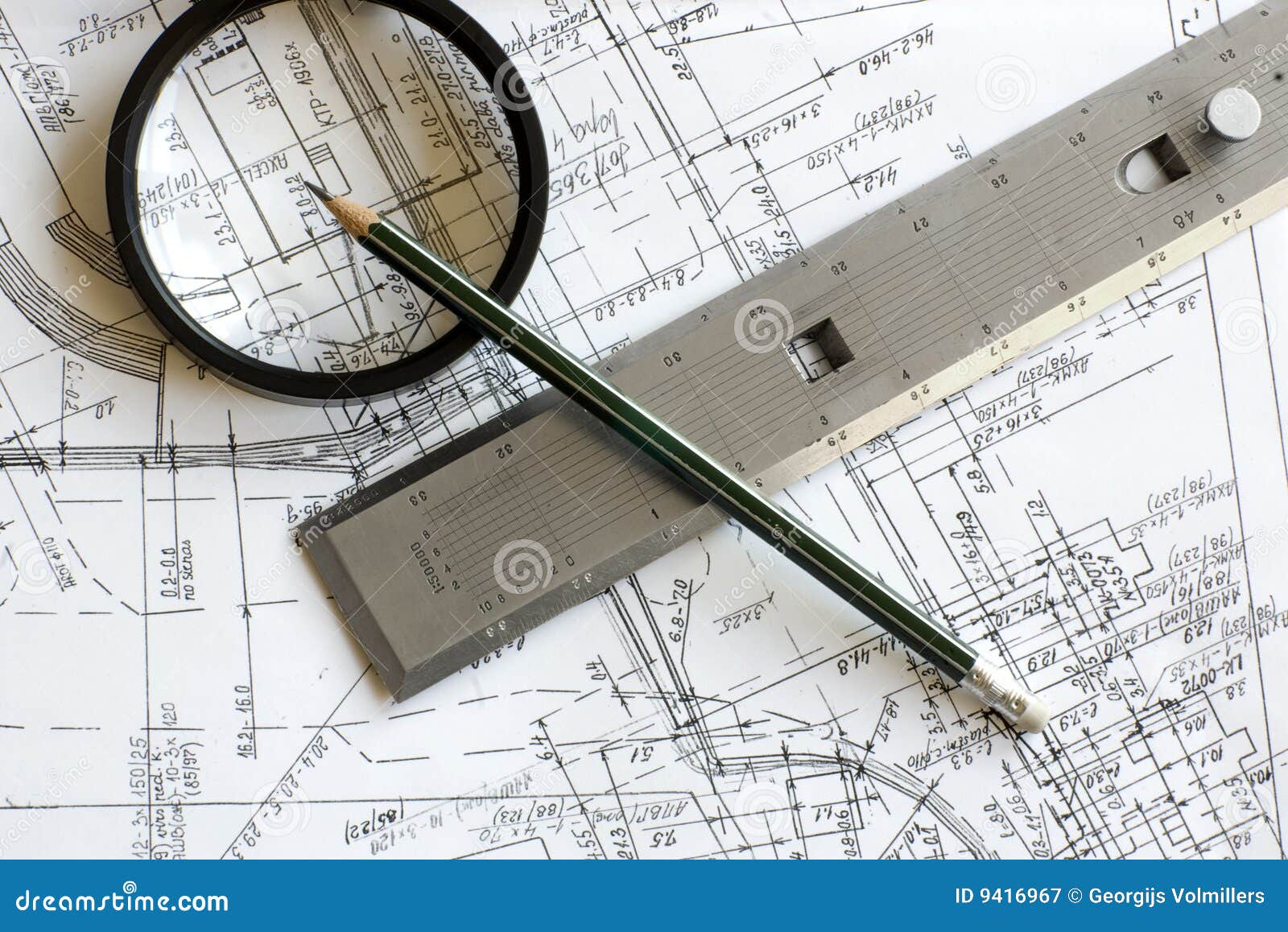 Blueprint with Pencil, Loupe and Steel Scale Ruler Stock Image - Image ...