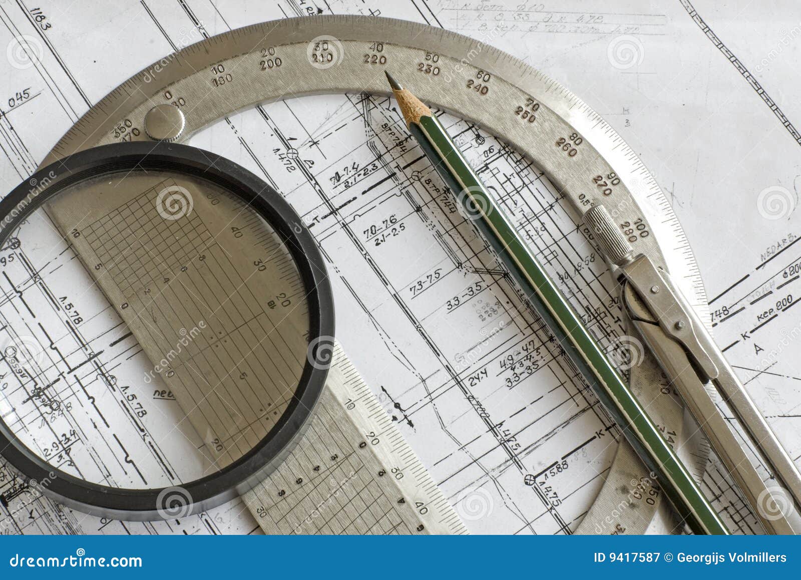 Blueprint Pencil, Protractor, Compass, Loupe Stock Image - Image of ...