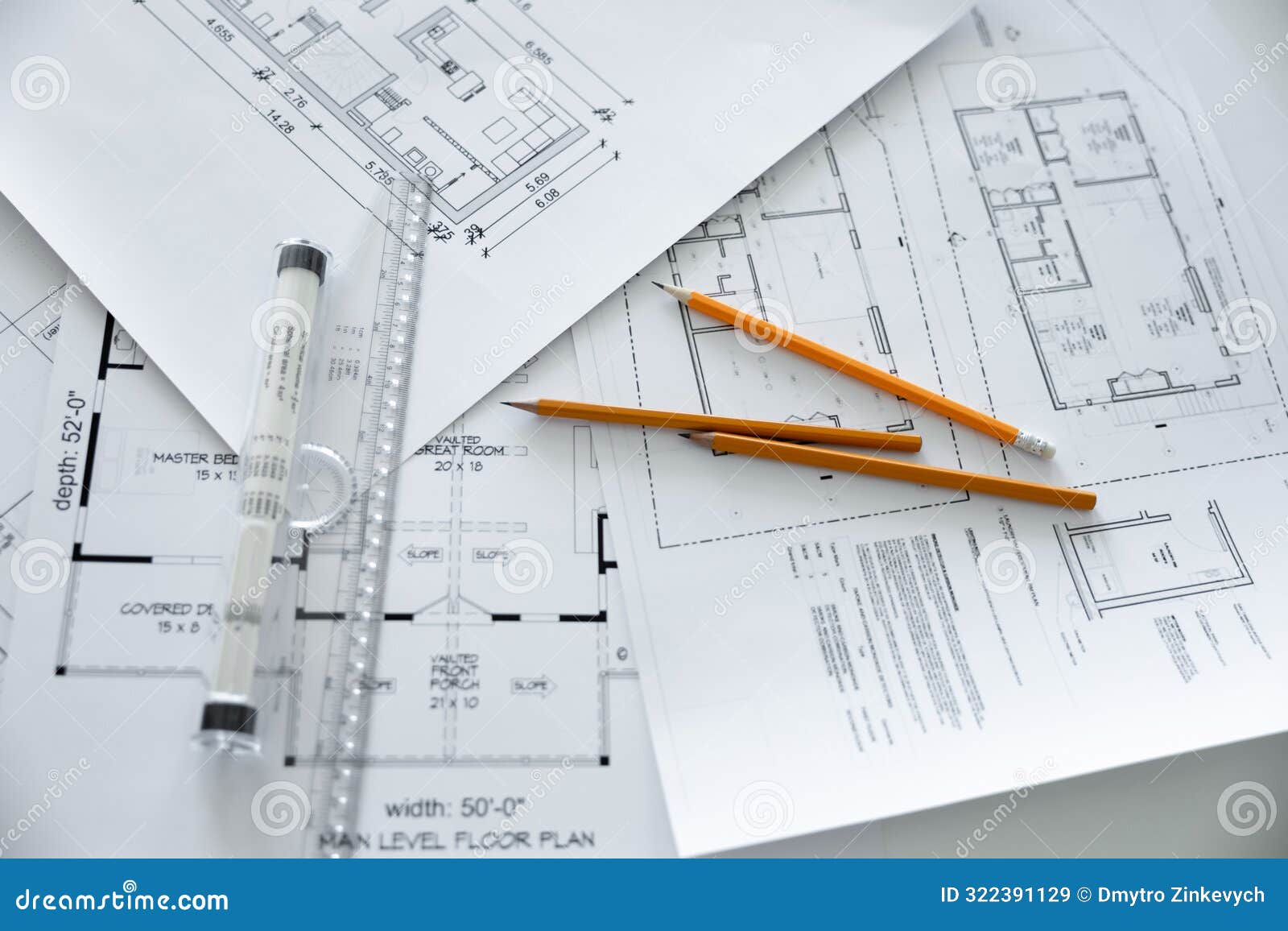 Blueprint with Pencils and Rules, Design, Construction and Architecture ...