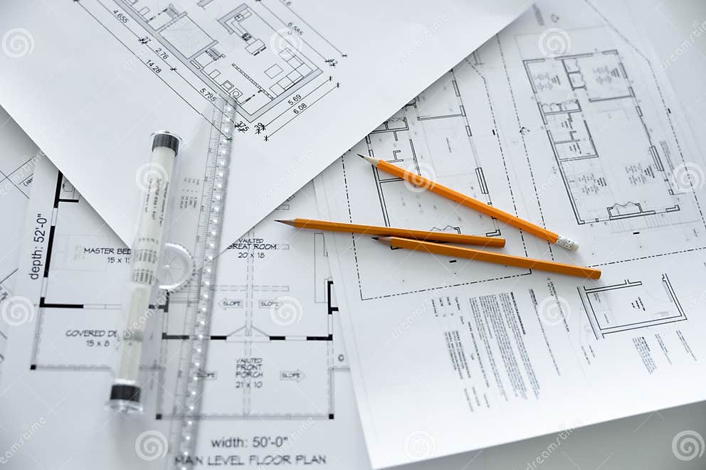 Blueprint with Pencils and Rules, Design, Construction and Architecture ...
