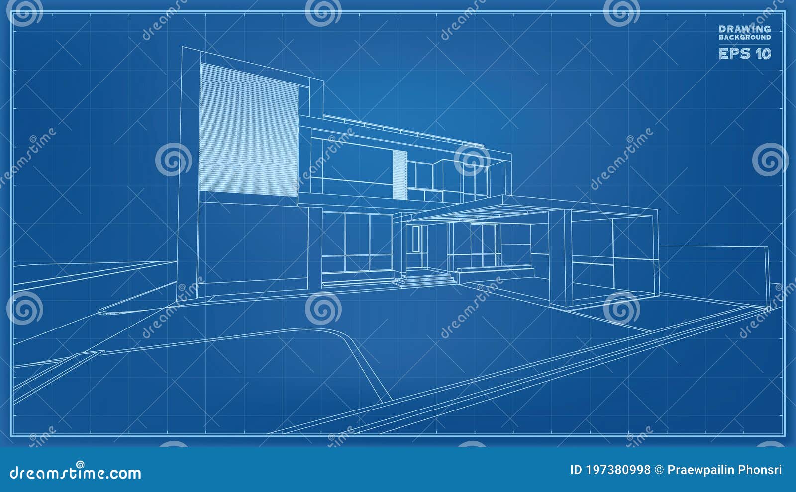 Blueprint Perspective. 3D Render of Tropical House Wireframe Stock ...