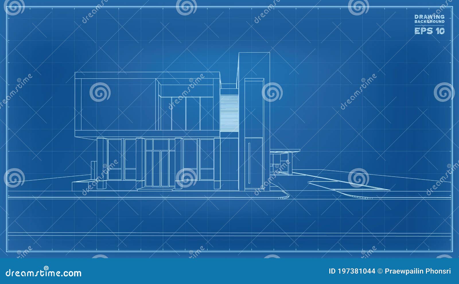 Blueprint Perspective. 3D Render of Tropical House Wireframe Stock ...