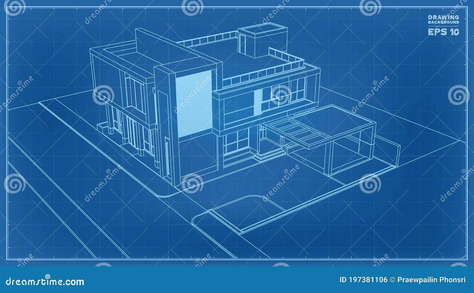 Blueprint Perspective. 3D Render of Tropical House Wireframe Stock ...