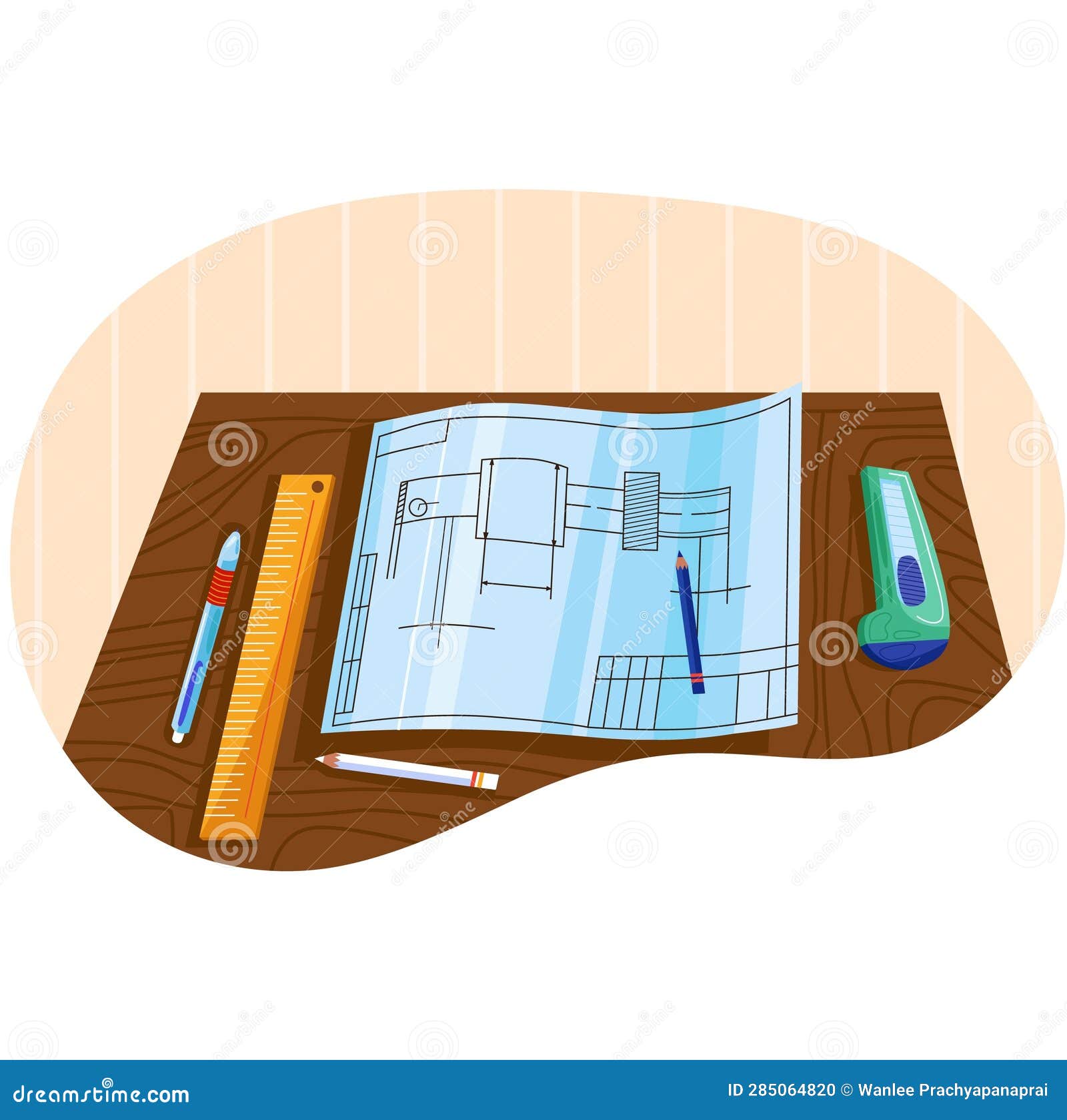 Blueprint Plan Document on Desk Flat Vector Stock Illustration ...