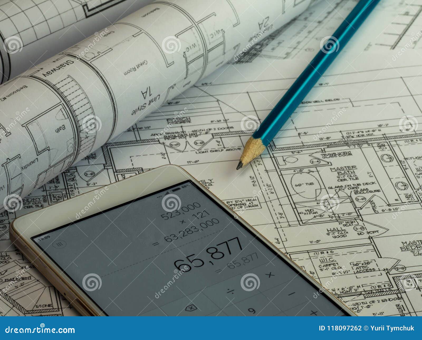 Blueprint Plan of House Building Construction with Pencil and Ca Stock ...
