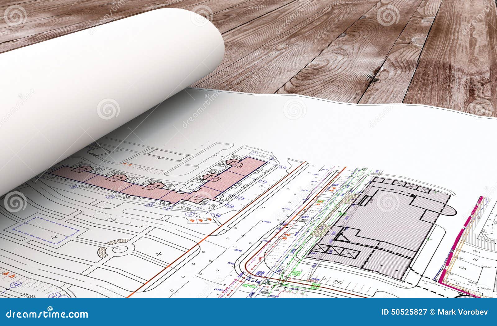 Blueprint plan on table stock illustration. Illustration of blueprint ...