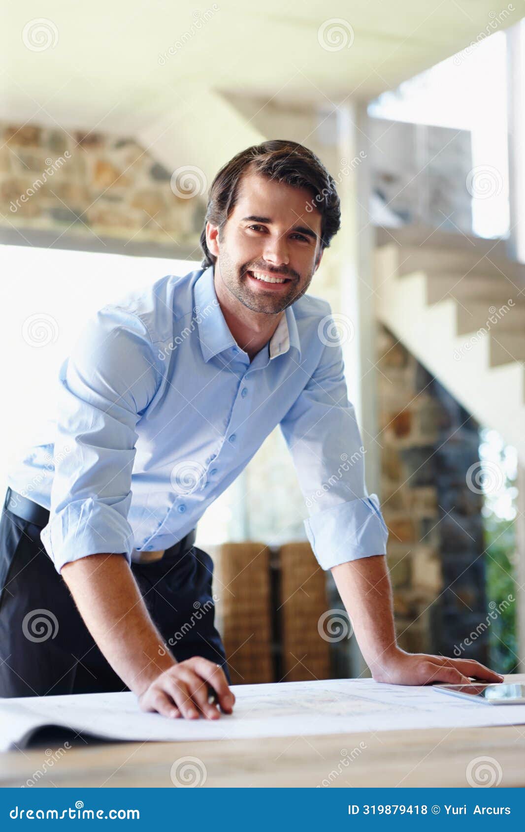 Blueprint, Portrait and Smile of Architect Man in Office for Building ...