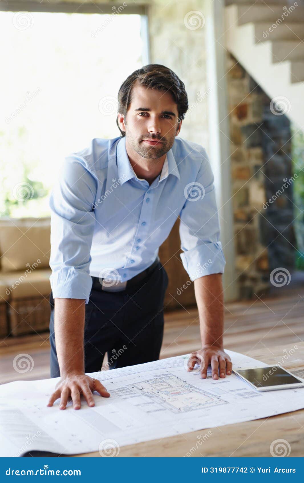 Blueprint, Portrait and Tablet with Engineer Man in Office for ...