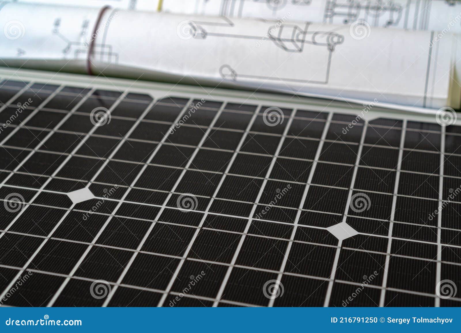 Blueprint Roll and Solar Panel, Home Project Stock Photo - Image of ...
