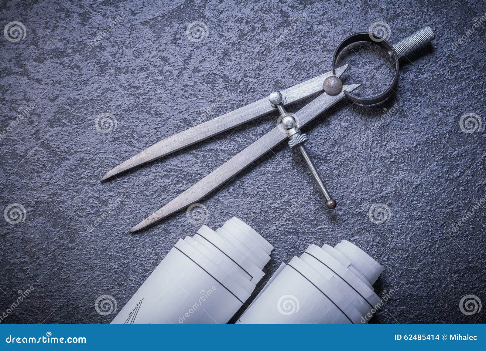 Blueprint Rolls Pair of Compasses on Black Stock Photo - Image of ...
