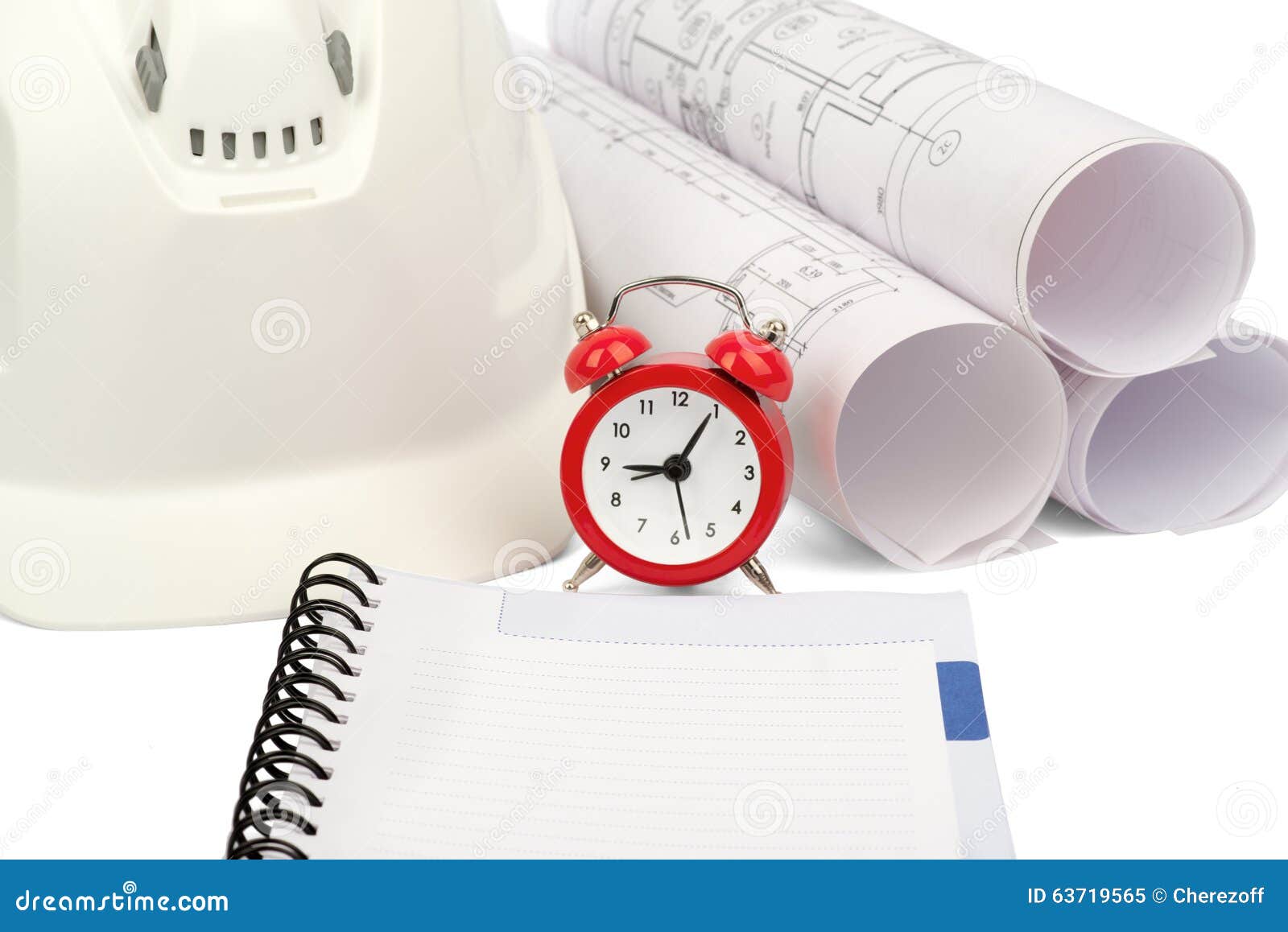 Blueprint Rols and Helmet with Alarm Clock Stock Image - Image of ...