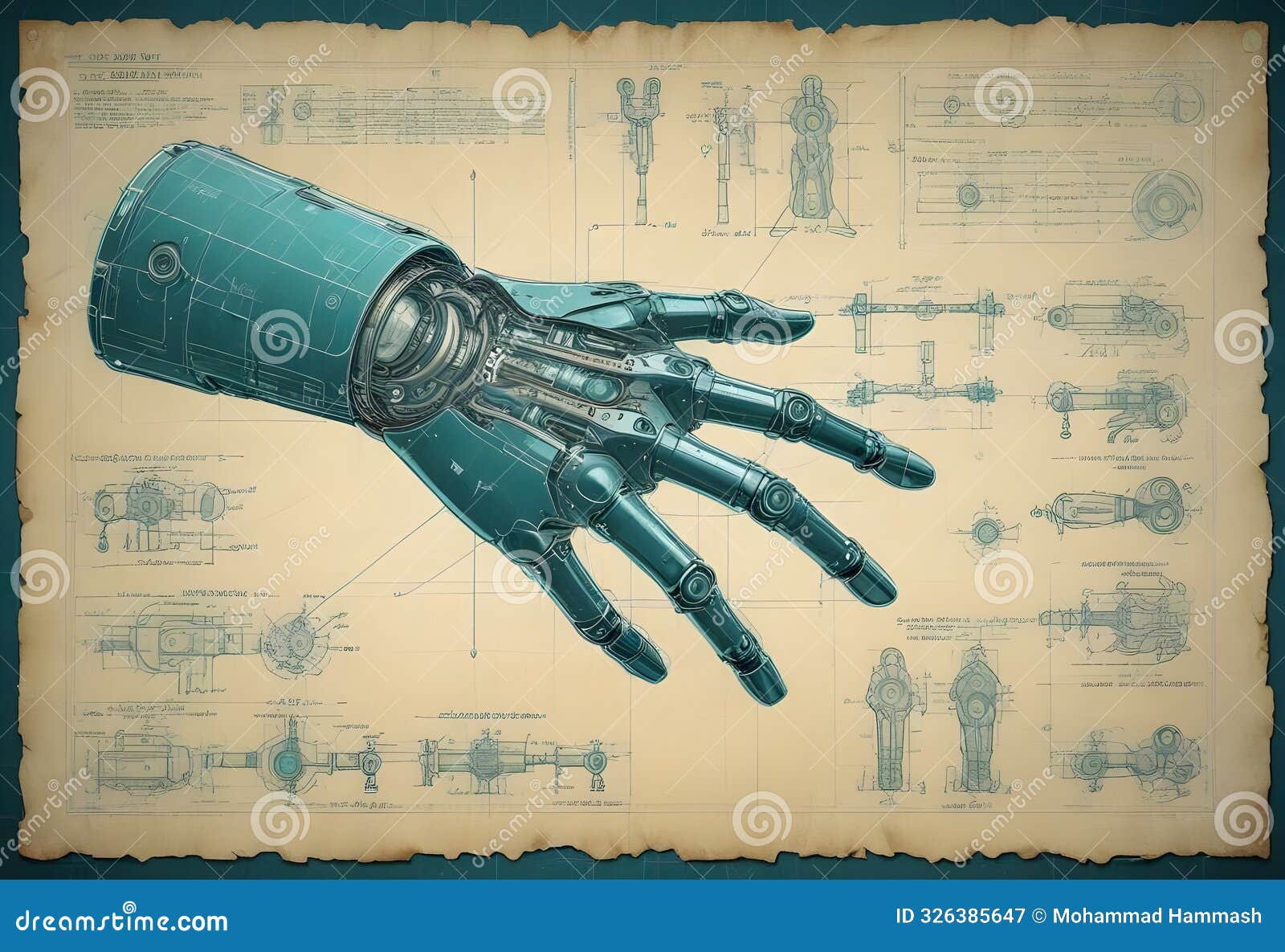A Blueprint-style Drawing of a Robotic Hand. the Hand is Made of Metal ...