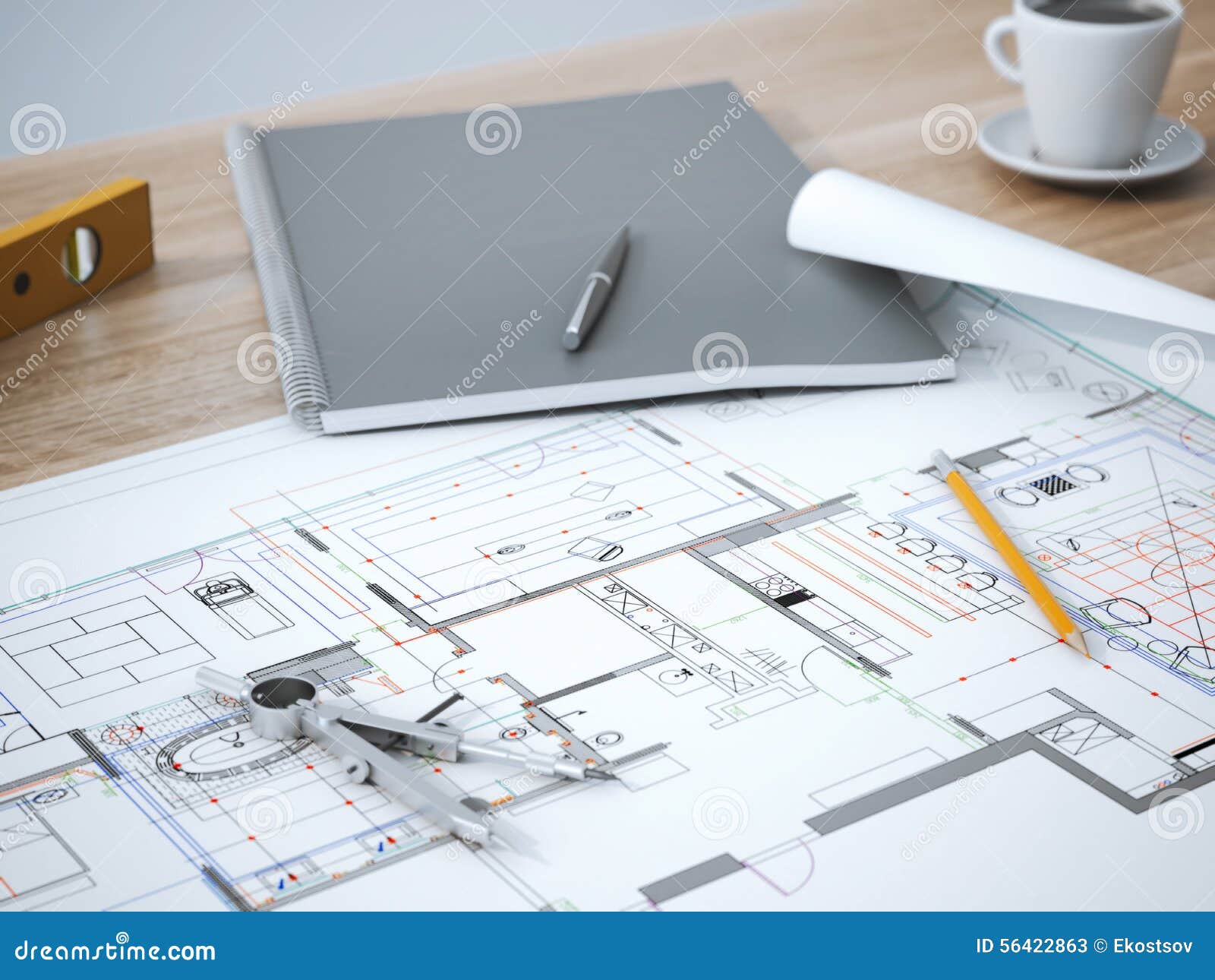 Blueprint on table stock image. Image of improvement - 56422863