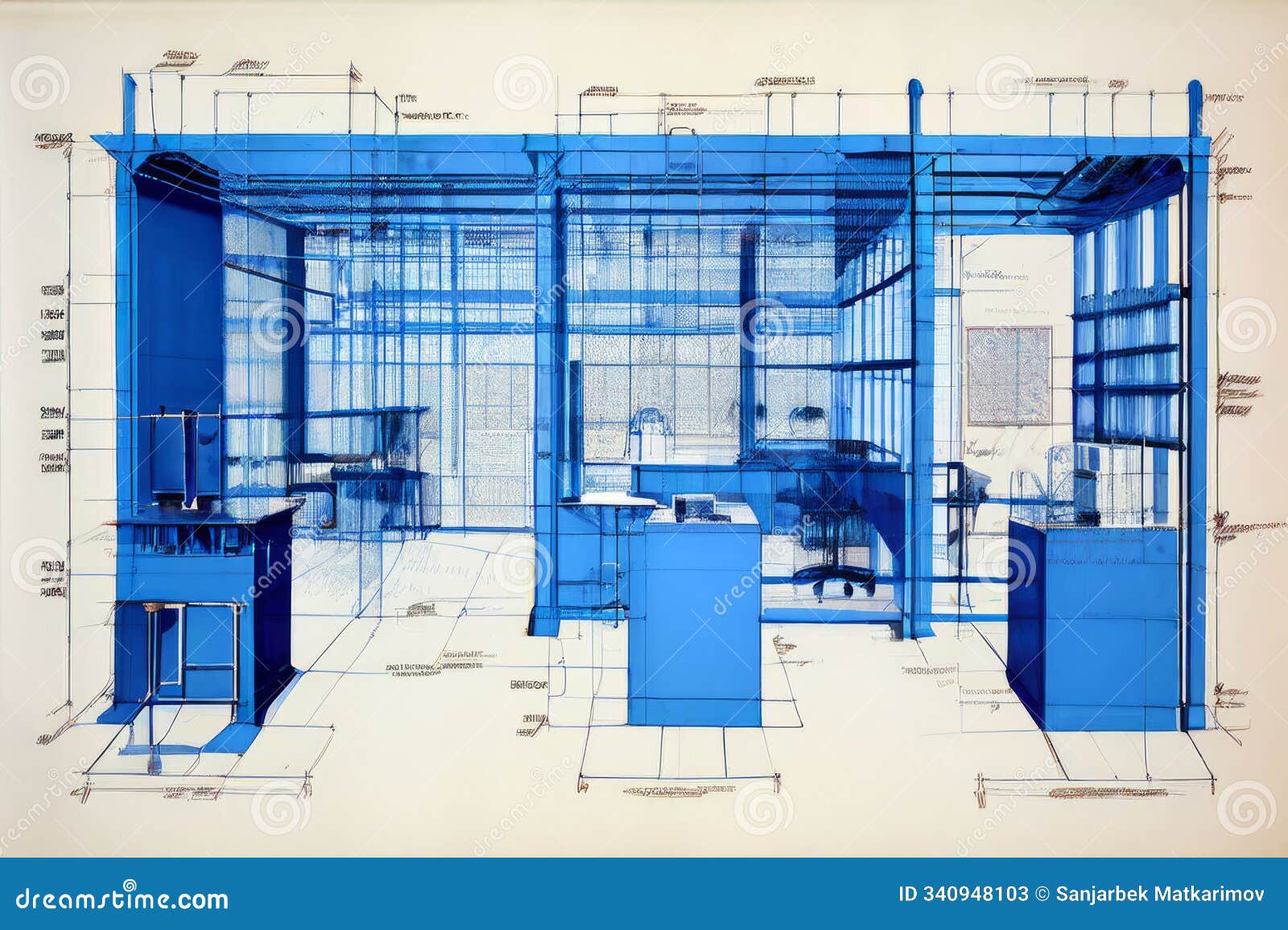Blueprint Technical Drawings of Office Spaces and Networks Overl Stock ...