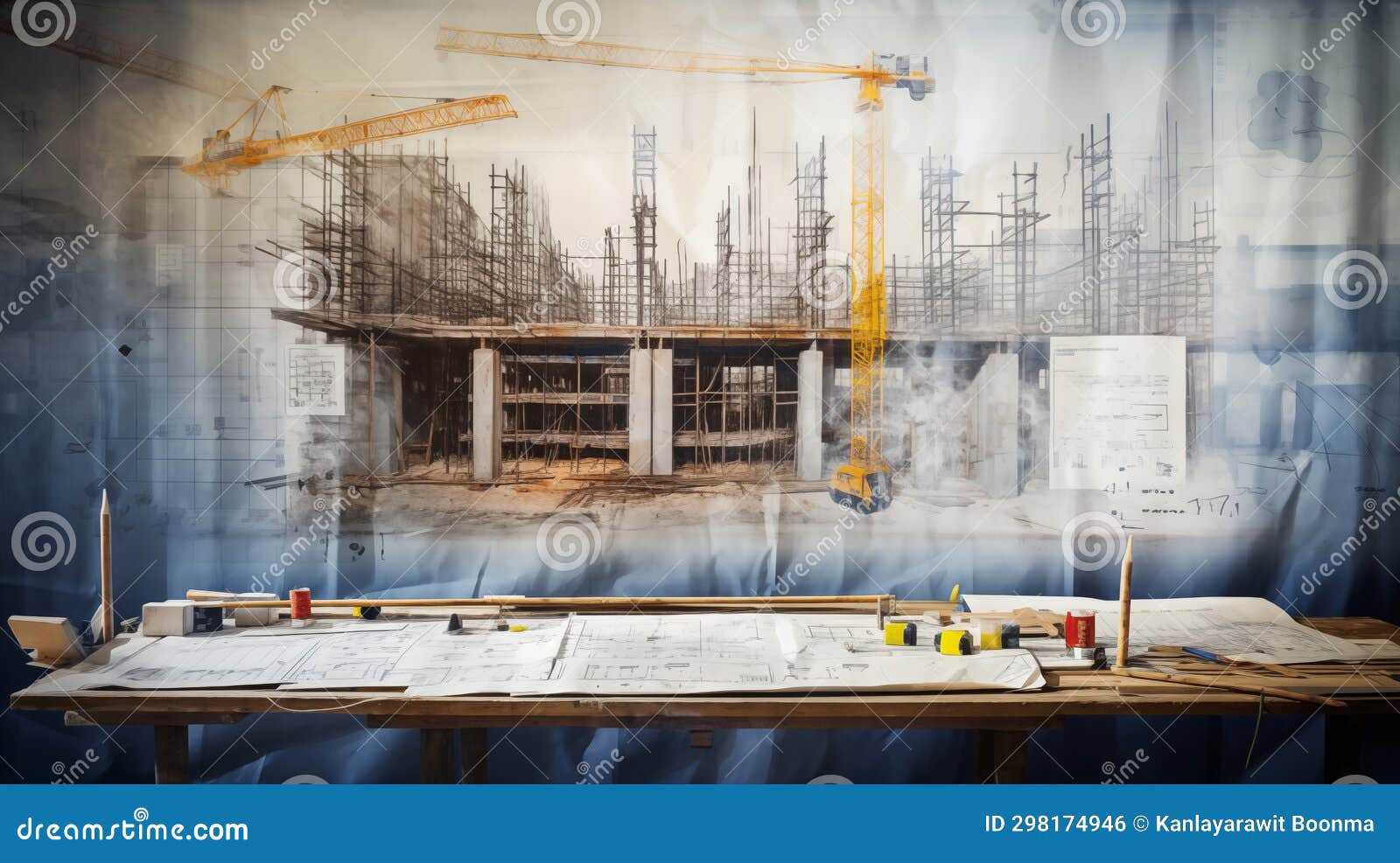 Blueprint and Tools on a Desk in a Construction Site. Drawing Table for ...