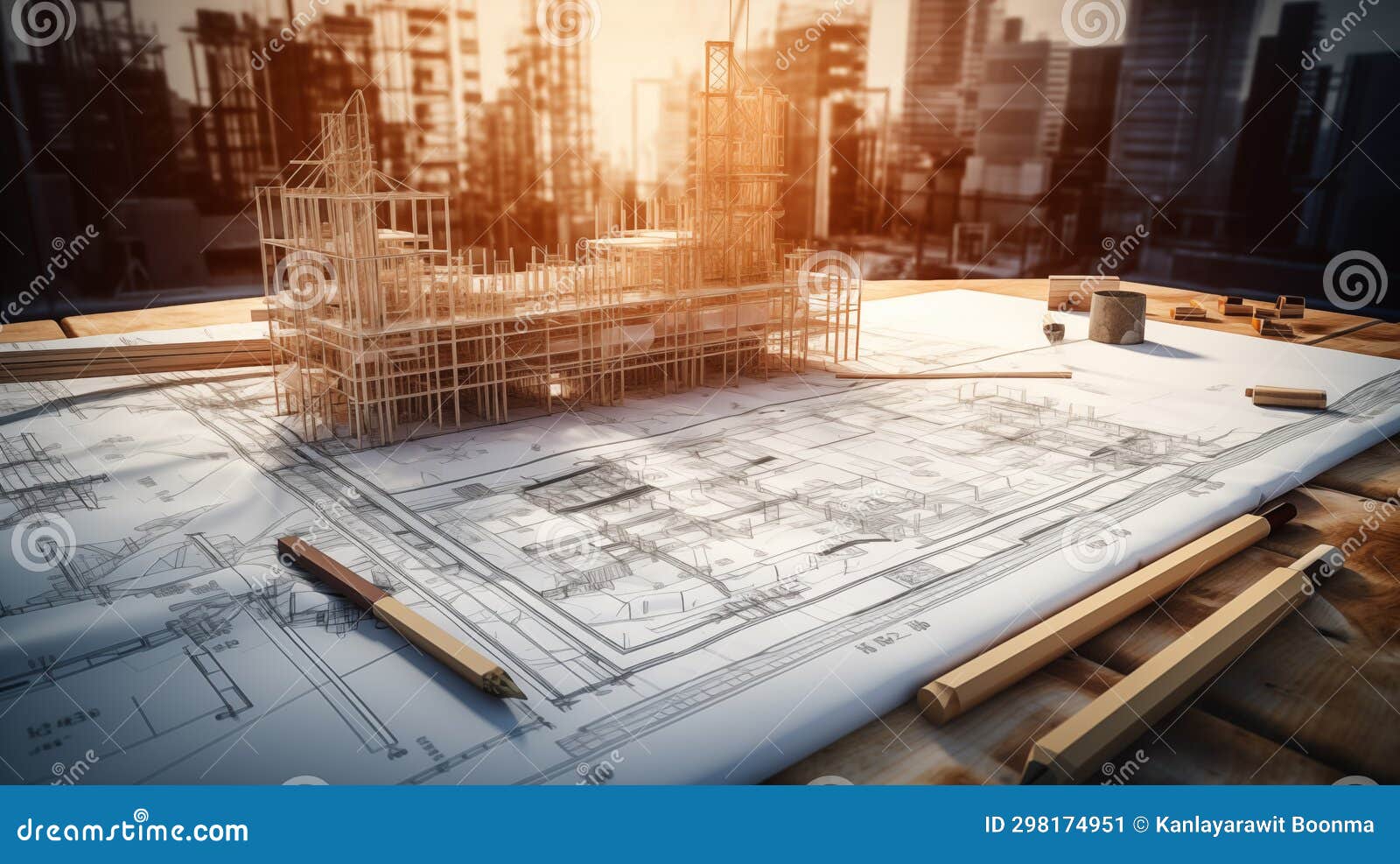 Blueprint and Tools on a Desk in a Construction Site. Drawing Table for ...