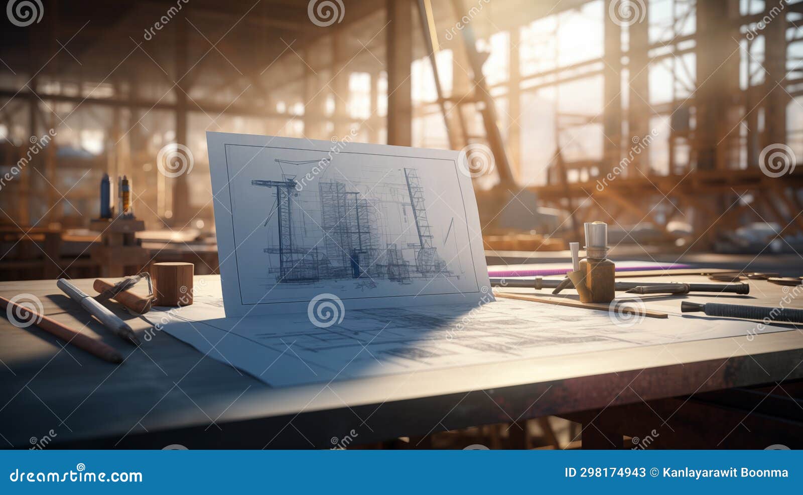Blueprint and Tools on a Desk in a Construction Site. Drawing Table for ...