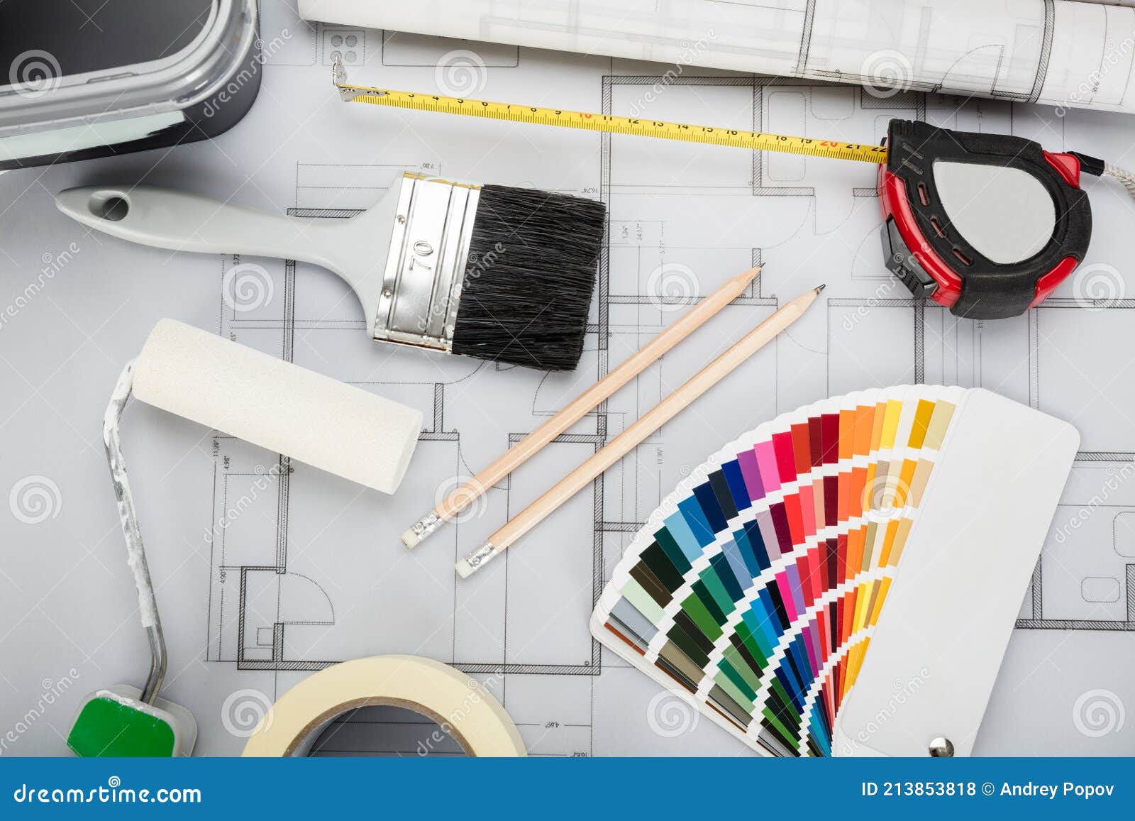 Blueprint with Tools and Equipment on Desk Stock Photo - Image of ...