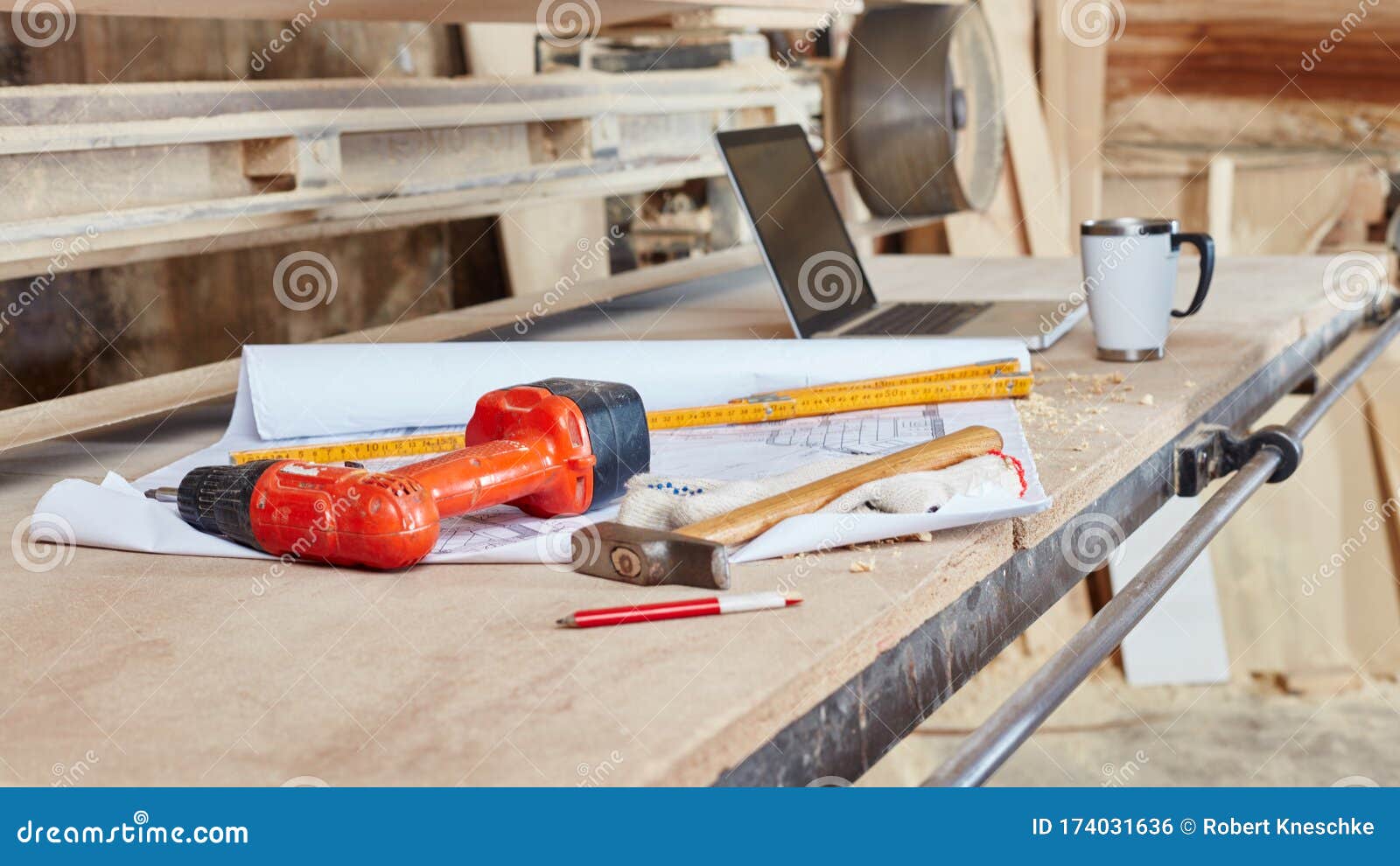 Blueprint on Workbench in Carpentry Stock Photo - Image of wooden ...