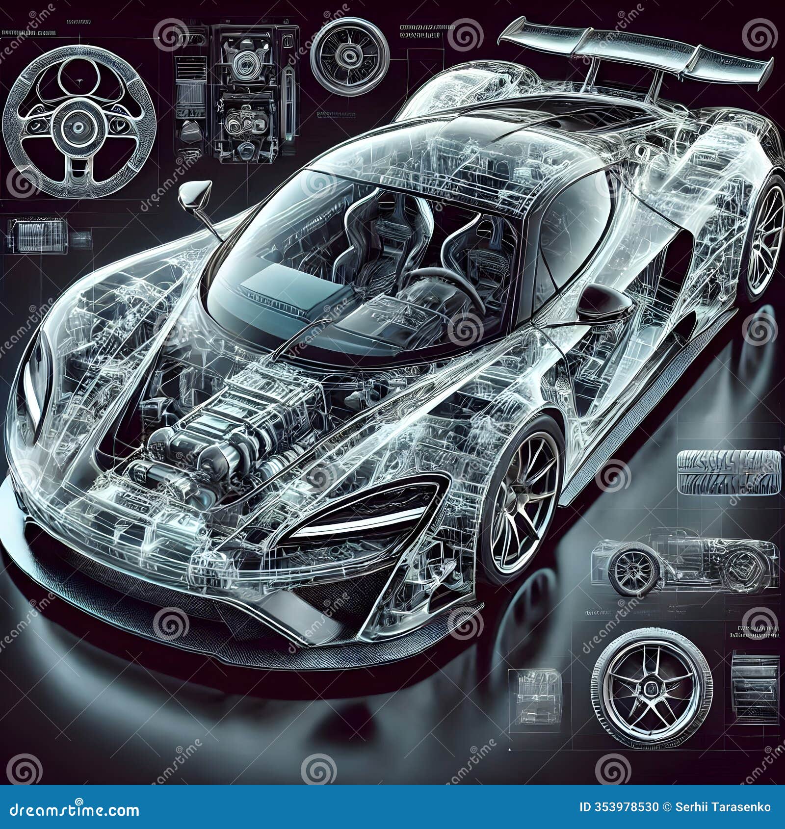Blueprint of a Transparent Supercar Showing Internal Components, Engine ...