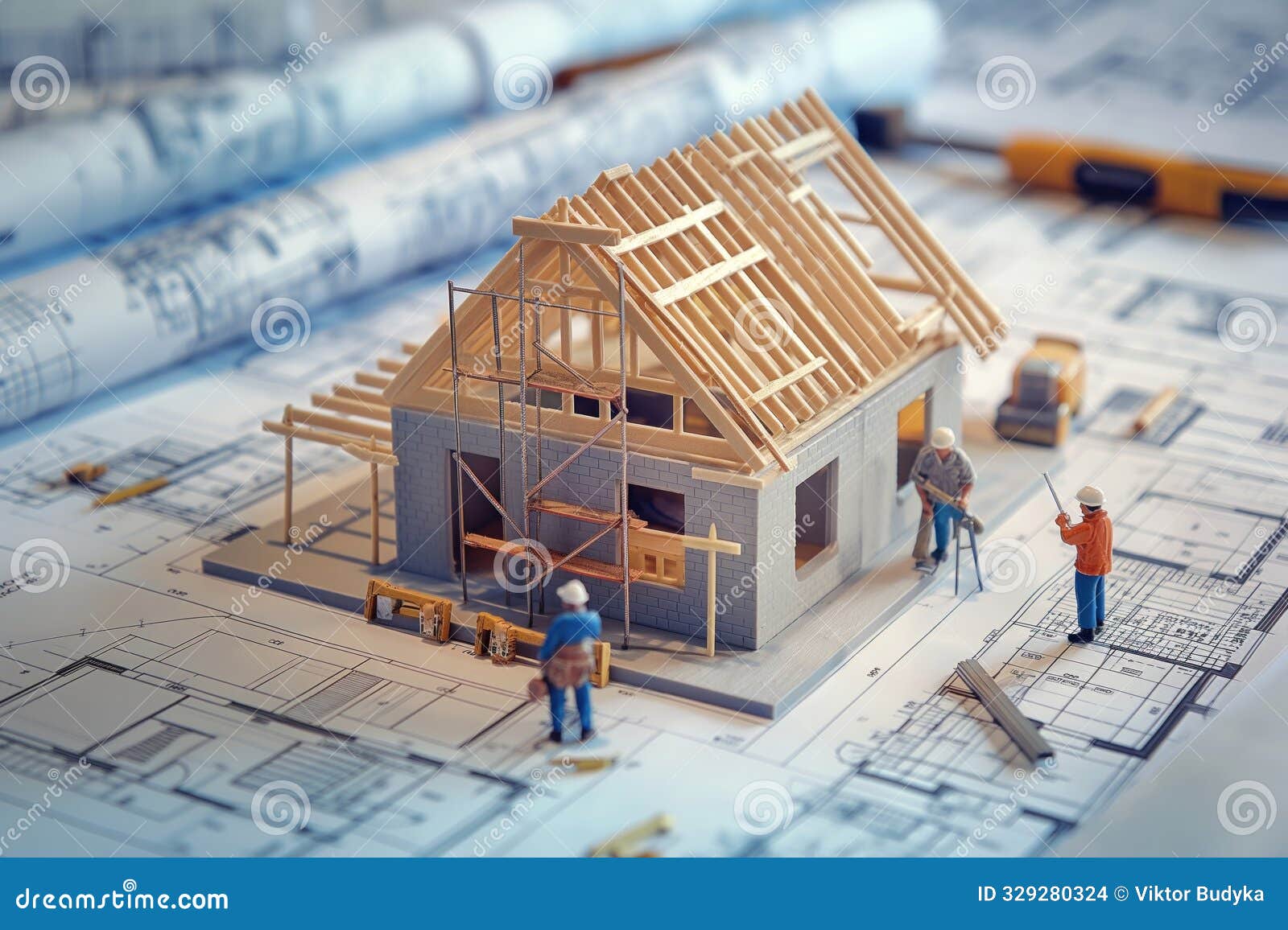 Blueprint Of Unfinished House Construction Project With Worker ...