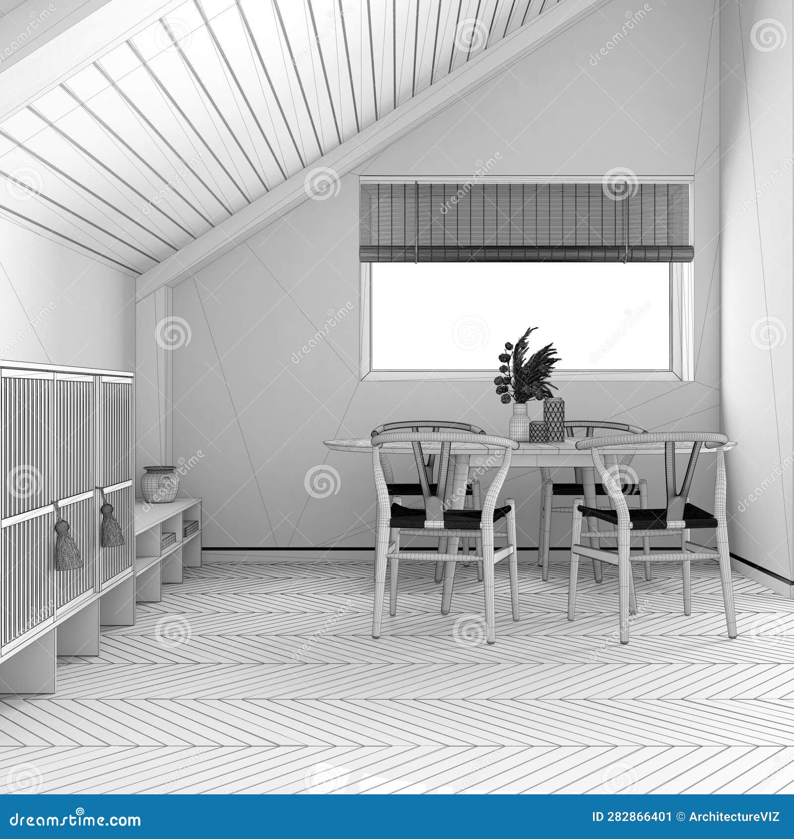 Blueprint Unfinished Project Draft, Minimal Wooden Dining Room with ...