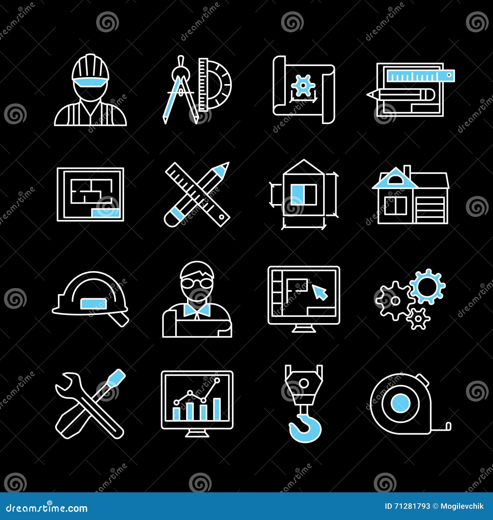 Blueprint White Blue Linear Icons Stock Vector - Illustration of blue ...