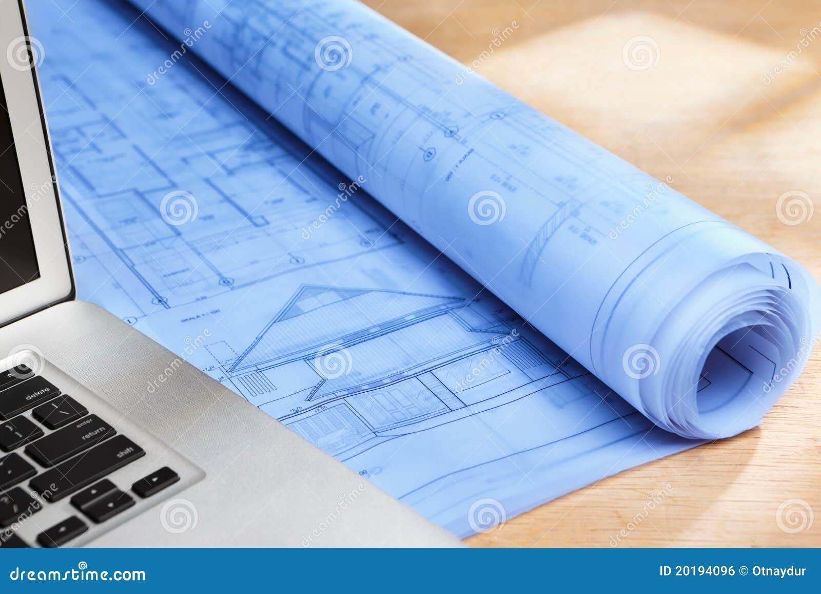 Blueprint on wooden desk stock photo. Image of still - 20194096