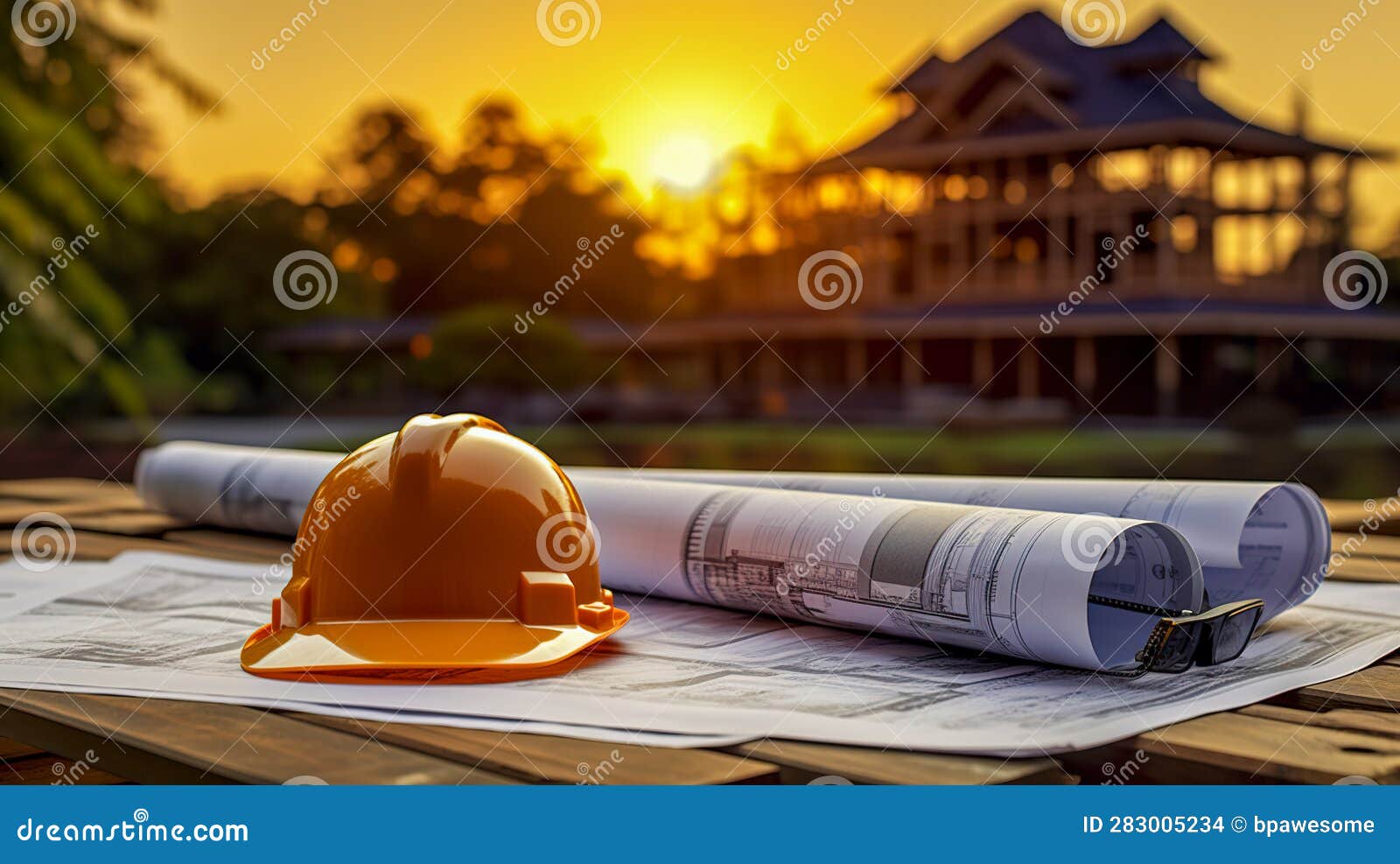 Blueprinting Success: Construction Concept with Hardhat, Blueprints and ...