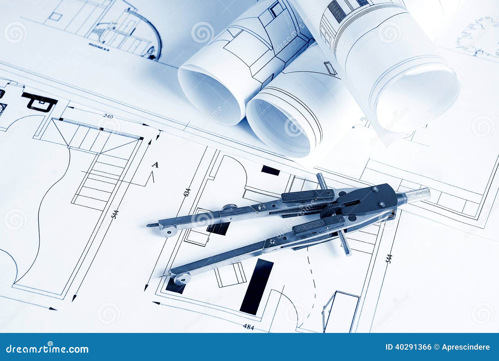 Blueprints and compass stock photo. Image of construction - 40291366