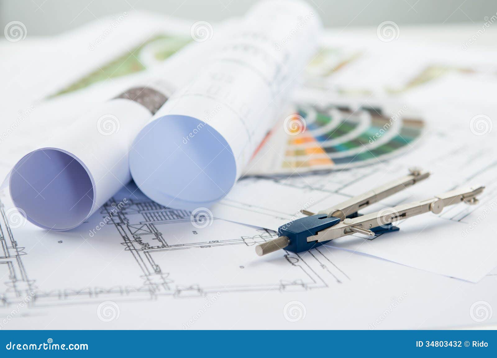 Blueprints and Compass stock photo. Image of architectural - 34803432