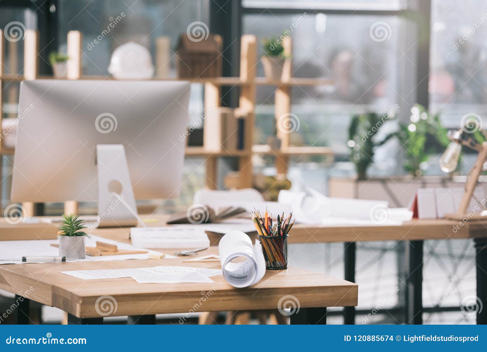 Blueprints, Documents and Computer at Workplace in Modern Architect ...