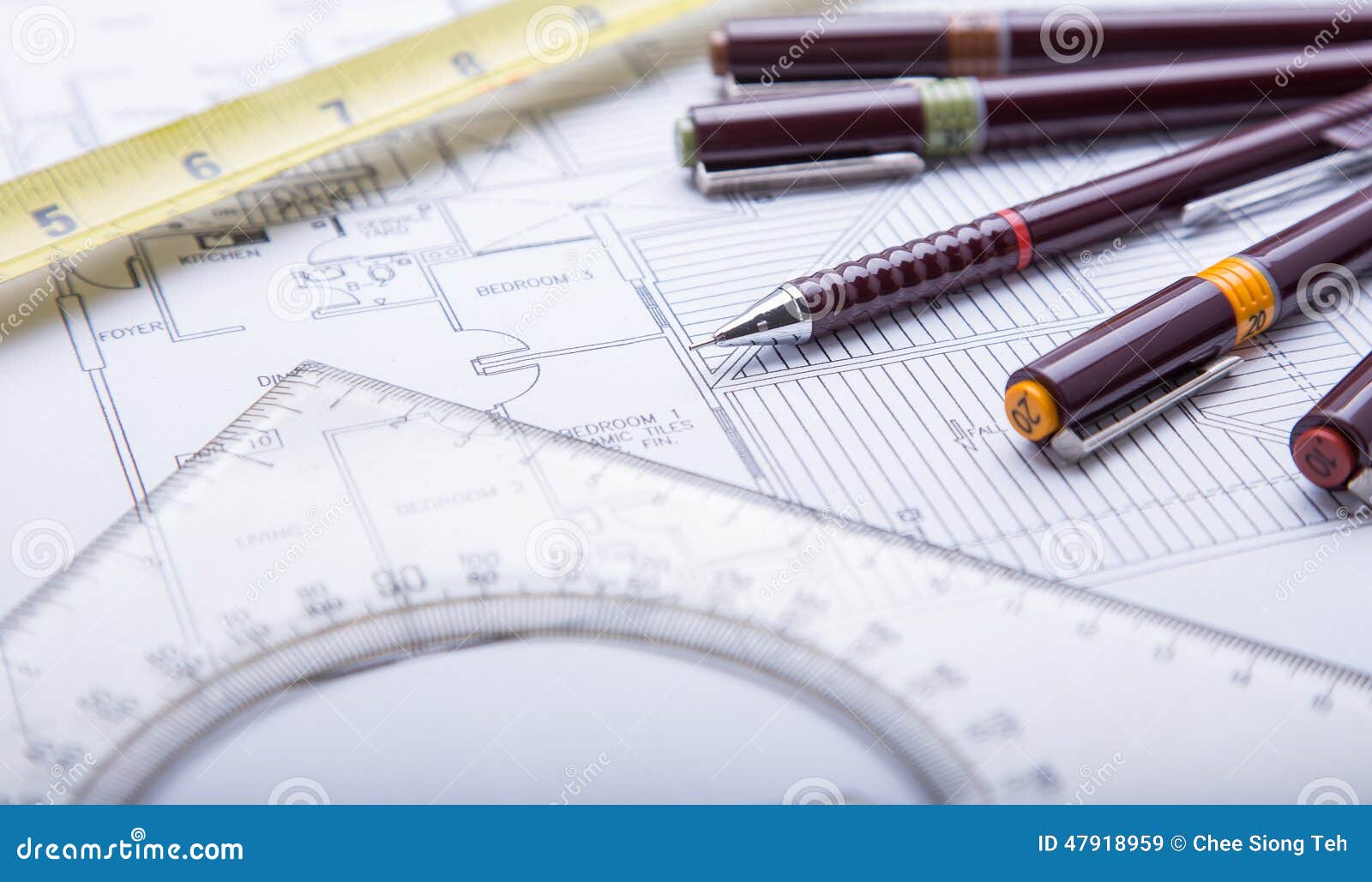 Blueprints and Drafting Tools. Stock Image - Image of estate, print ...