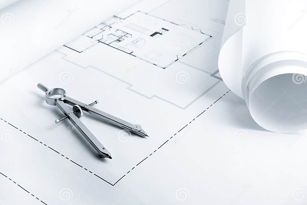 Blueprints with Drawing Compass Stock Photo - Image of gray, contractor ...