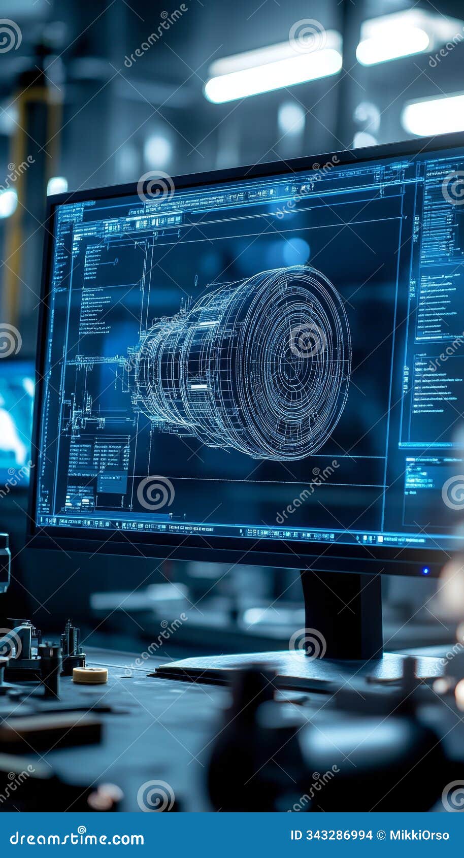 Blueprints of an Electric Motor on a Computer Screen Amidst Tools in a ...