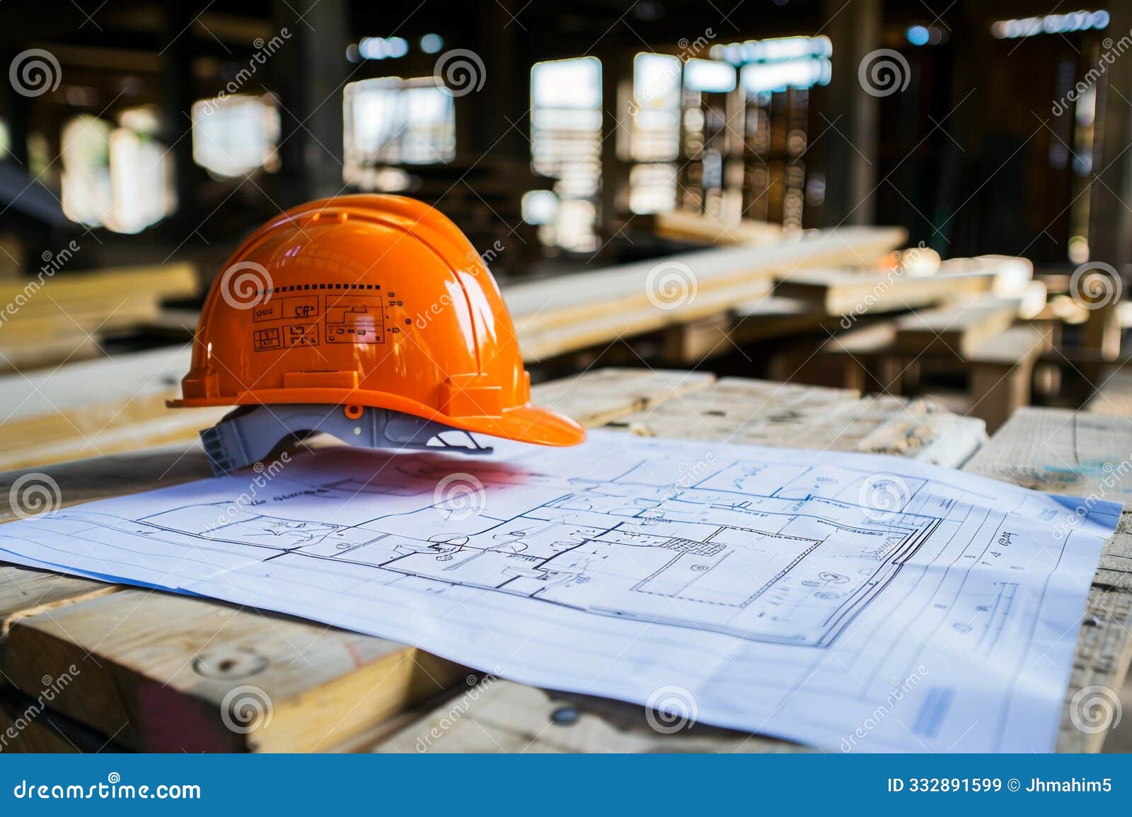 Blueprints and Hard Hat on a Construction Site Table Stock Illustration ...