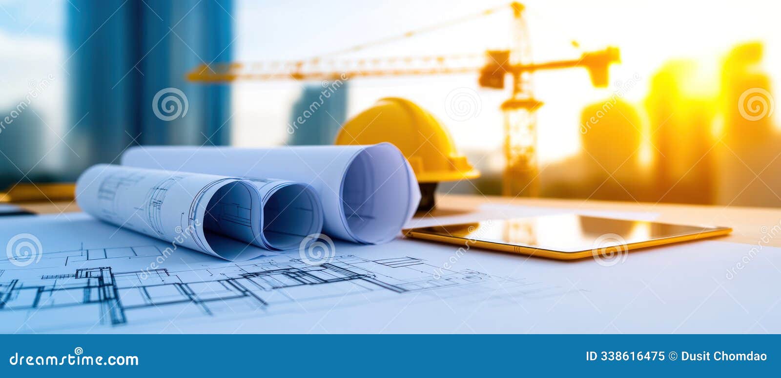 Blueprints and Hard Hat on Drafting Table, Symbolizing Construction ...