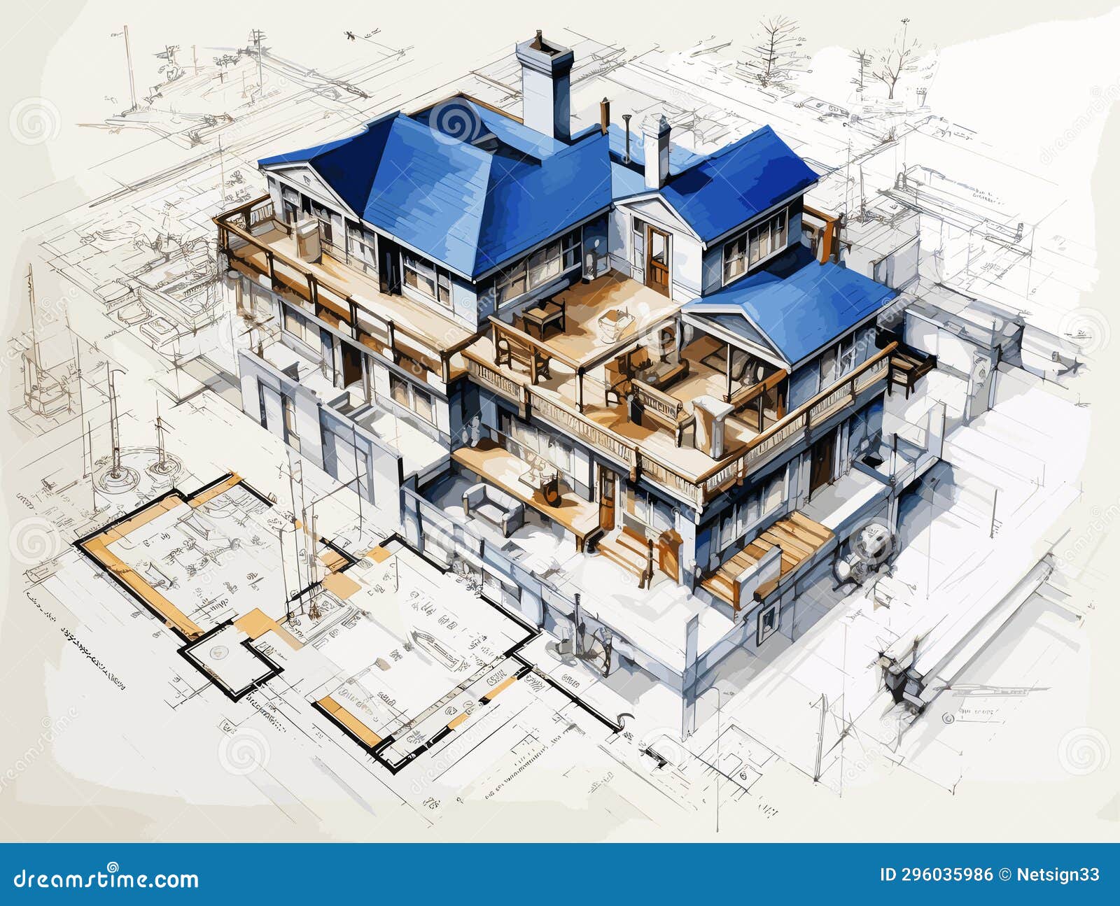 Blueprints of a House and Rolls in Hand-drawn Style Stock Vector ...