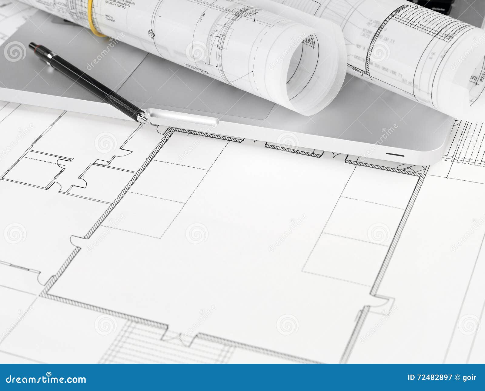 Blueprints and laptop stock image. Image of architect - 72482897